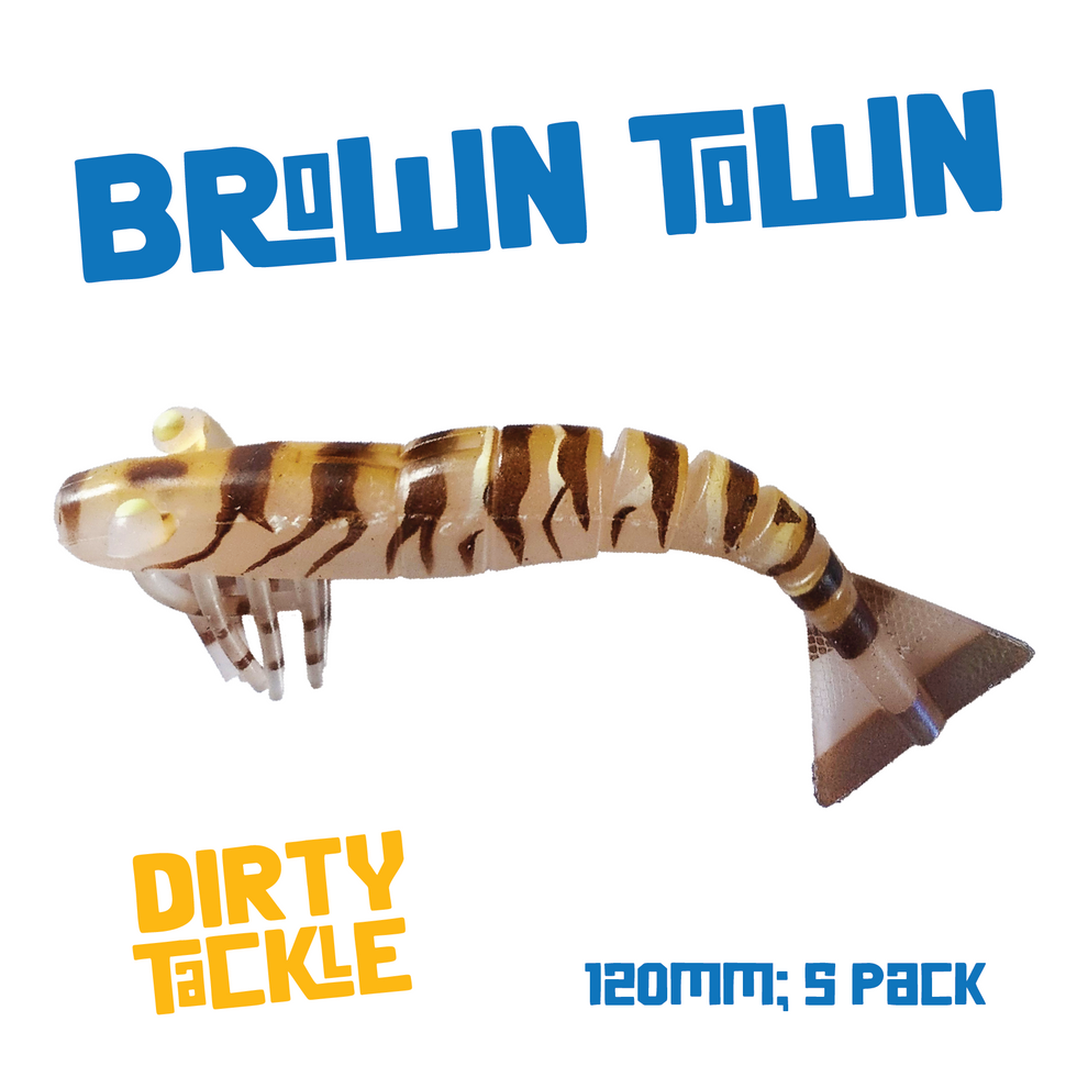 Dirty Prawn 120mm 5 Pack – Brown Town | Soft Plastic Prawns – Dirty Tackle